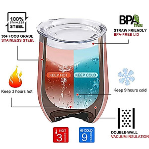 Drink Happy Thoughts 12 oz Insulated Wine Glass Tumbler Cup with Lid - Rose Gold Stainless Steel Iced Coffee Mug Stemless Cup- Unique Birthday Gifts Idea for Women Girl