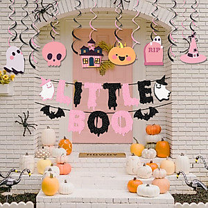 Glitter Pink Little Boo Banner Boo Garland,Bats Decor,Halloween Bats,Halloween Ghost for Halloween Girl Baby Shower,Little Boo Baby Shower Decorations,Pink Black Girl Birthday Party Banner