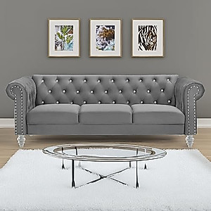 New Classic Furniture Glam Emma Velvet Three Seater Chesterfield Style Sofa for Small Spaces with Crystal Button Tufts, Gray