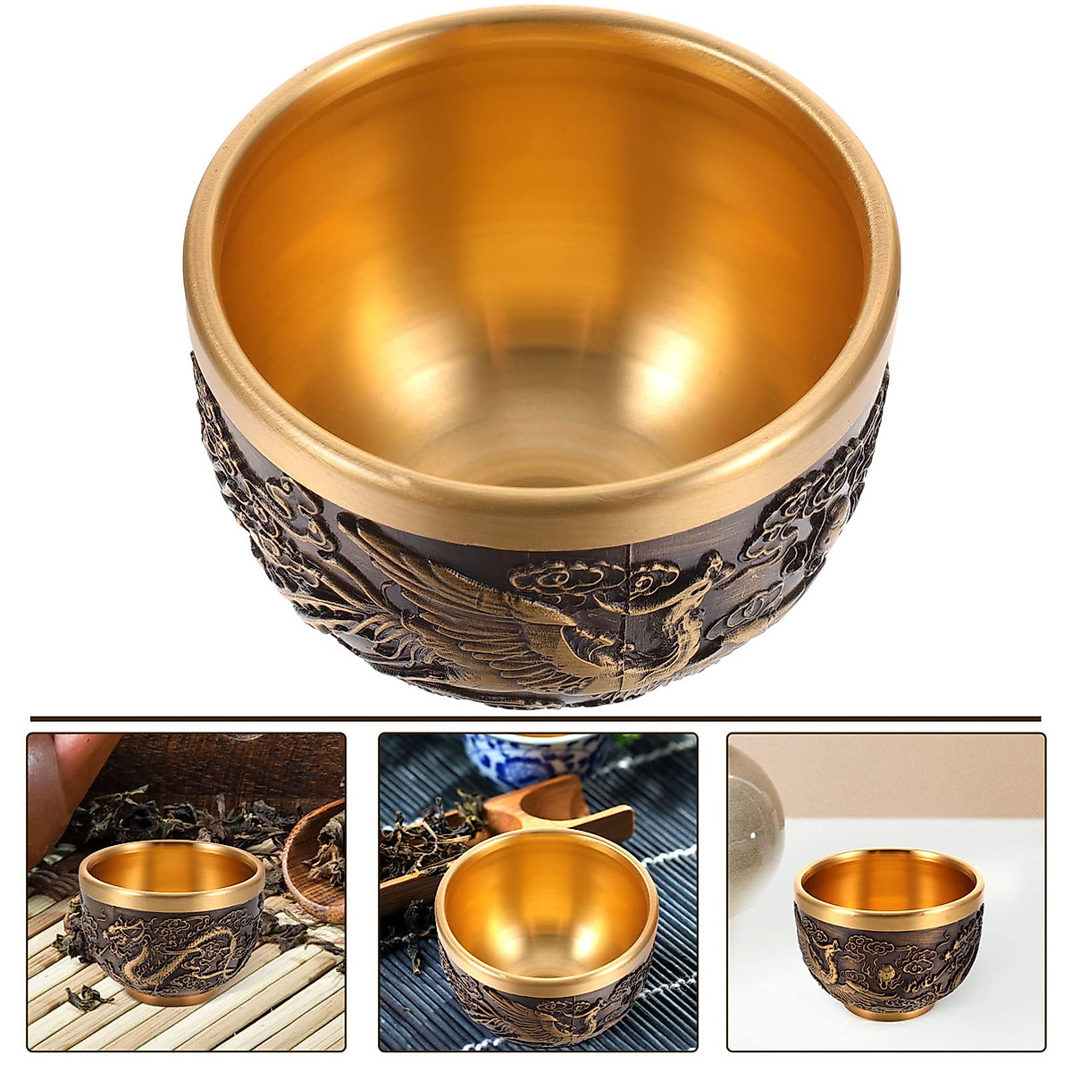 ARTIBETTER Kung Fu Teacups Chinese Copper Tea Cup Vintage Dragon Pattern Tea Tasting Cup Embossed Traditional Tea Mugs Japanese Sake Cup for Coffee Tea Espresso