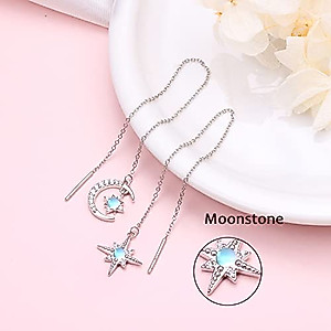 Threader Earrings for Women 925 Sterling Silver Moonstone Moon Star Earrings Tassel Threader Chain Earrings