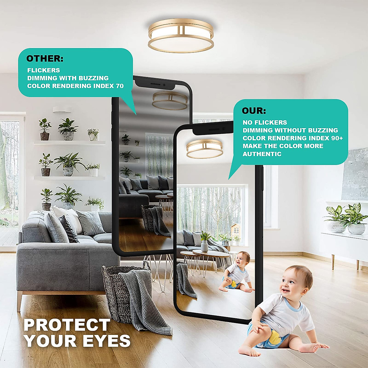 Flynix 12.5 Inch LED Flush Mount Ceiling Light Fixture, 26W, Super Bright 1700 Lumens, 3 Color 3000K/4000K/5000K, Dimmable Ceiling Lamp for Bedroom Hallway Bathroom Kitchen (Gold)