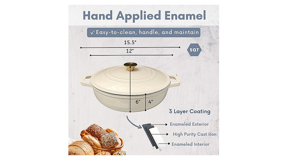 Lexi Home Enameled 5 Qt. Cast Iron Dutch Oven - Cream