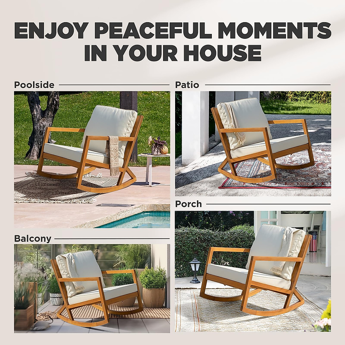 IDZO Premium Club Rocking Chairs 500lbs Capacity with Inclined Backrest, Thick Foam, Solid Acacia Wood Rocker for Patio, Backyard, Balcony, Porch, Beige - 2 Cushions
