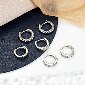 JASSEWRLY 3 Pairs 925 Sterling Silver Small Huggie Hoop Earrings for Women, Hypoallergenic Cubic Zirconia Hoops Huggie Earrings, Twisted Silver Mini Hoop Earrings Cuff Earring for Girls