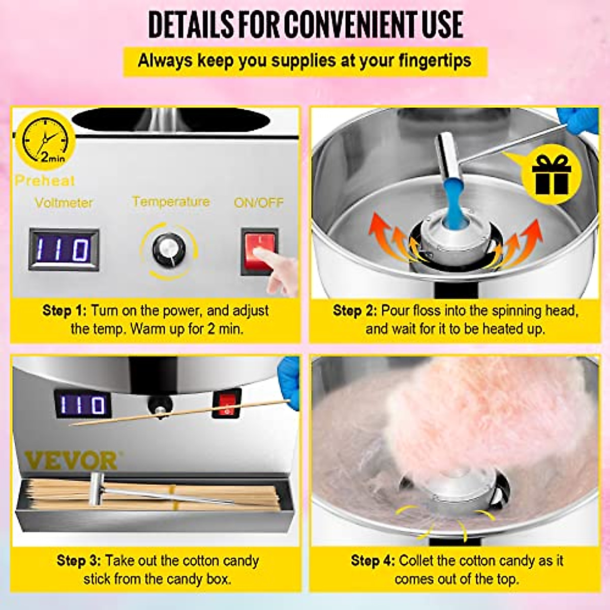 VEVOR Electric Cotton Candy Machine, 19.7-inch Stainless Steel Bowl, 1050W Candy Floss Maker with 338-482℉ Adjustable Temperature, Cover and Sugar Scoop Included, Perfect for Family Party, Silver