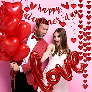 22Pcs Valentine's Day Decorations Set Pre-Assembled Hanging Heart Swirls Happy Valentine's Day Love Heart Garlands Banner for Home Classroom Office Wedding Party Anniversary (Red)