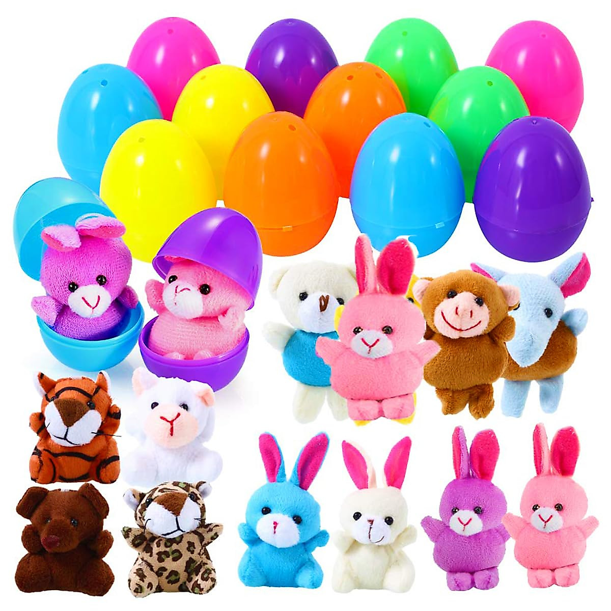 12 Pcs Easter Eggs Filled with Mini Plush Animals Toy Easter Basket Stuffers for Kids Easter Egg Hunt, Easter Party Favor