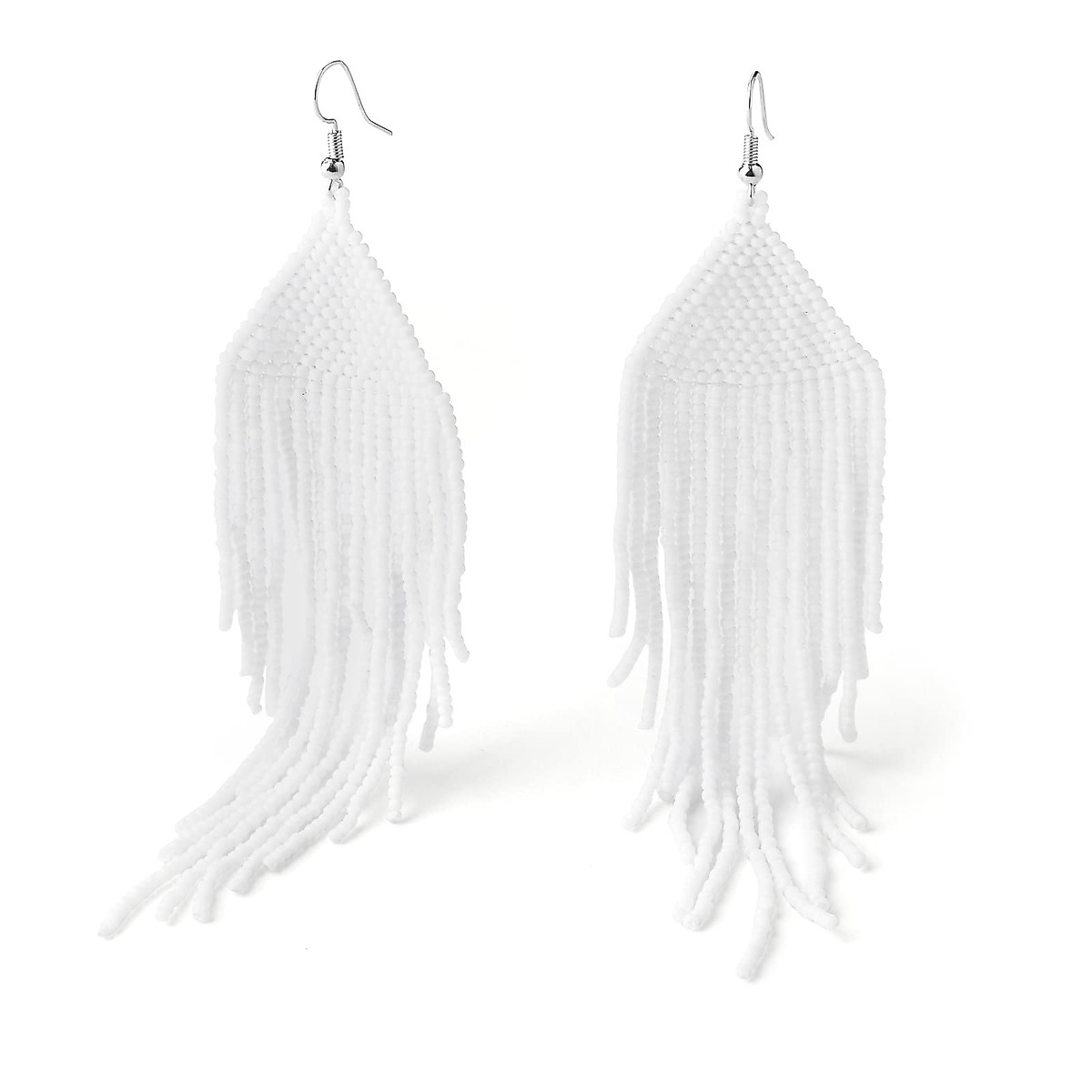 Handmade Beaded Tassel Earrings - Boho Drop Fringe Earrings for women, Native American Indian Earrings (Long White)