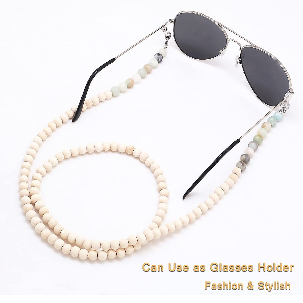 C&L Accessories Lanyards for ID Badges, Beaded Wooden Natural Stone Lanyard for Keys Eyeglass Holder Lanyard for Eyeglasses Chains for Women (Amazonite Stone)