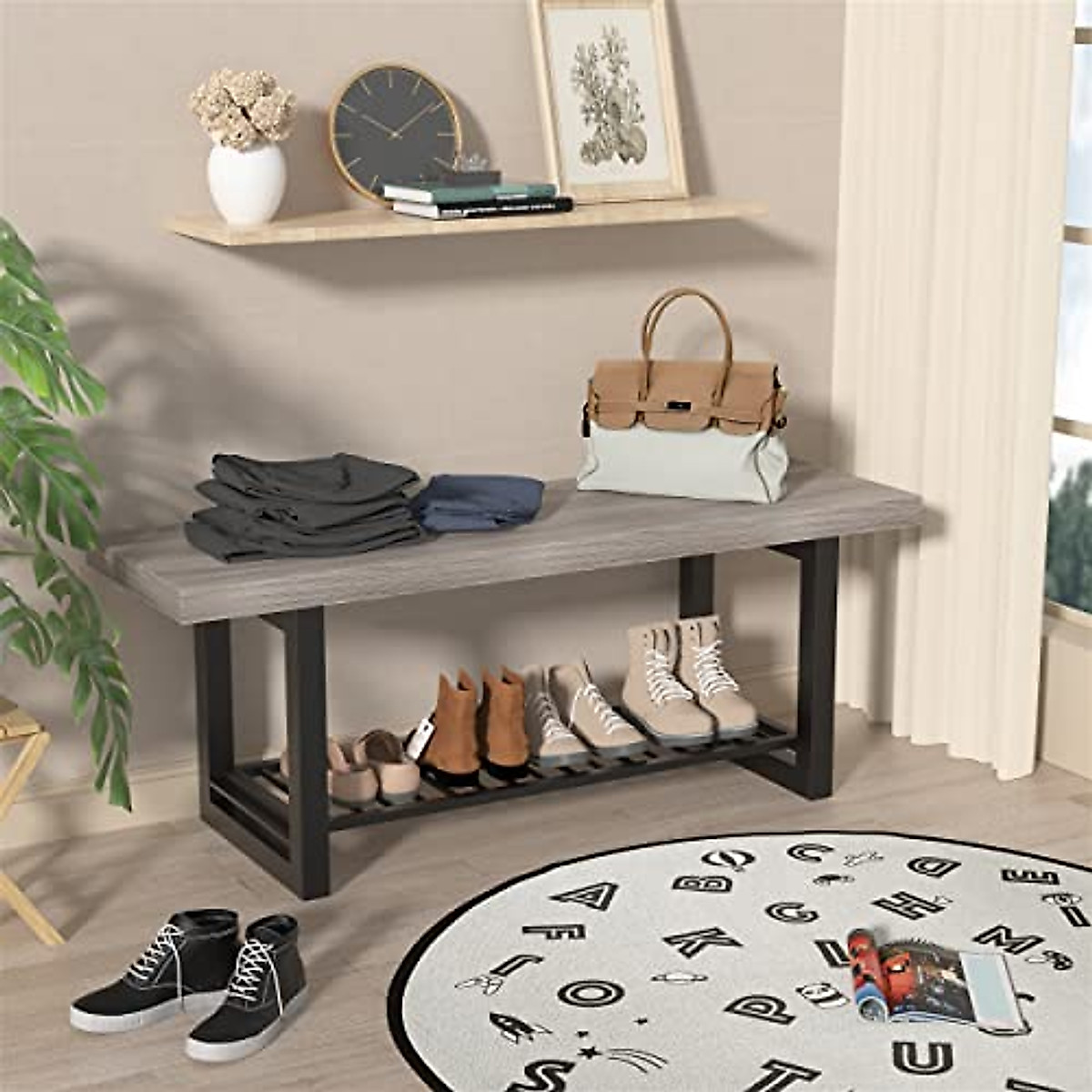Stuffygreenus 47" Storage Bench, Industrial Indoor Entryway Bench, Wood Metal Hallway Accent Bench for Sitting, Rustic Shoe Rack Organizer Cabinet in Foyer Entrance Bedroom Living Room (Grey)
