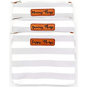 Stylish Diaper Bag Organizing Pouches - XL Set of 4 Gray and White Striped Canvas Diaper Bag Pouches with Leather Embossed Labels, Leather Wristlet Strap & Durable Metal Zippers