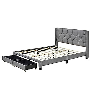 Queen Bed Frame with 2 Storage Drawers, Fabric Upholstered Platform Bed Frame with Deep-set Pattern Button Tufted Headboard, Sturdy Wood Slats Support Mattress Foundation, No Box Spring Needed (grey)