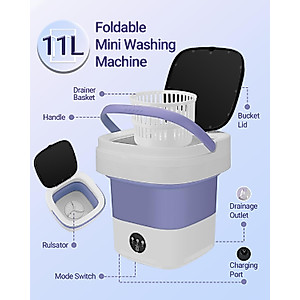 NISHCON Portable Washing Machine, 11L Upgraded Large Capacity Mini Washer with Spin Basket, Small Washing Machine for Apartments, Travel Laundry, Camping, RV, Dorm (Purple+White)