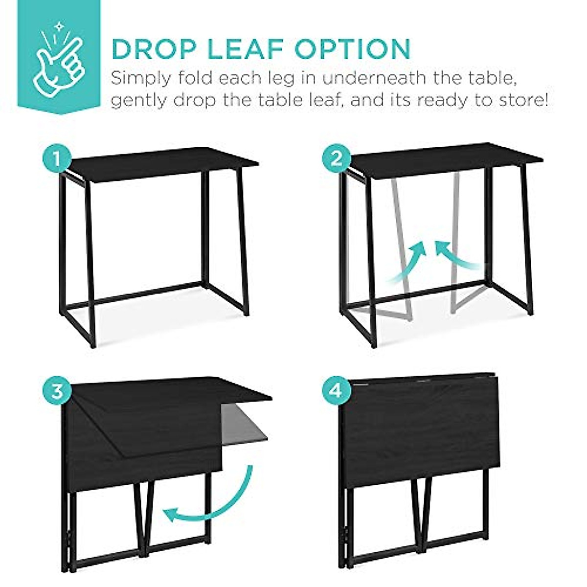 Best Choice Products 31.5in Folding Drop Leaf Desk Table, Computer Workstation for Home Office w/Wood Table Top, Back Shelf, Portable, Space Saving - Black/Black