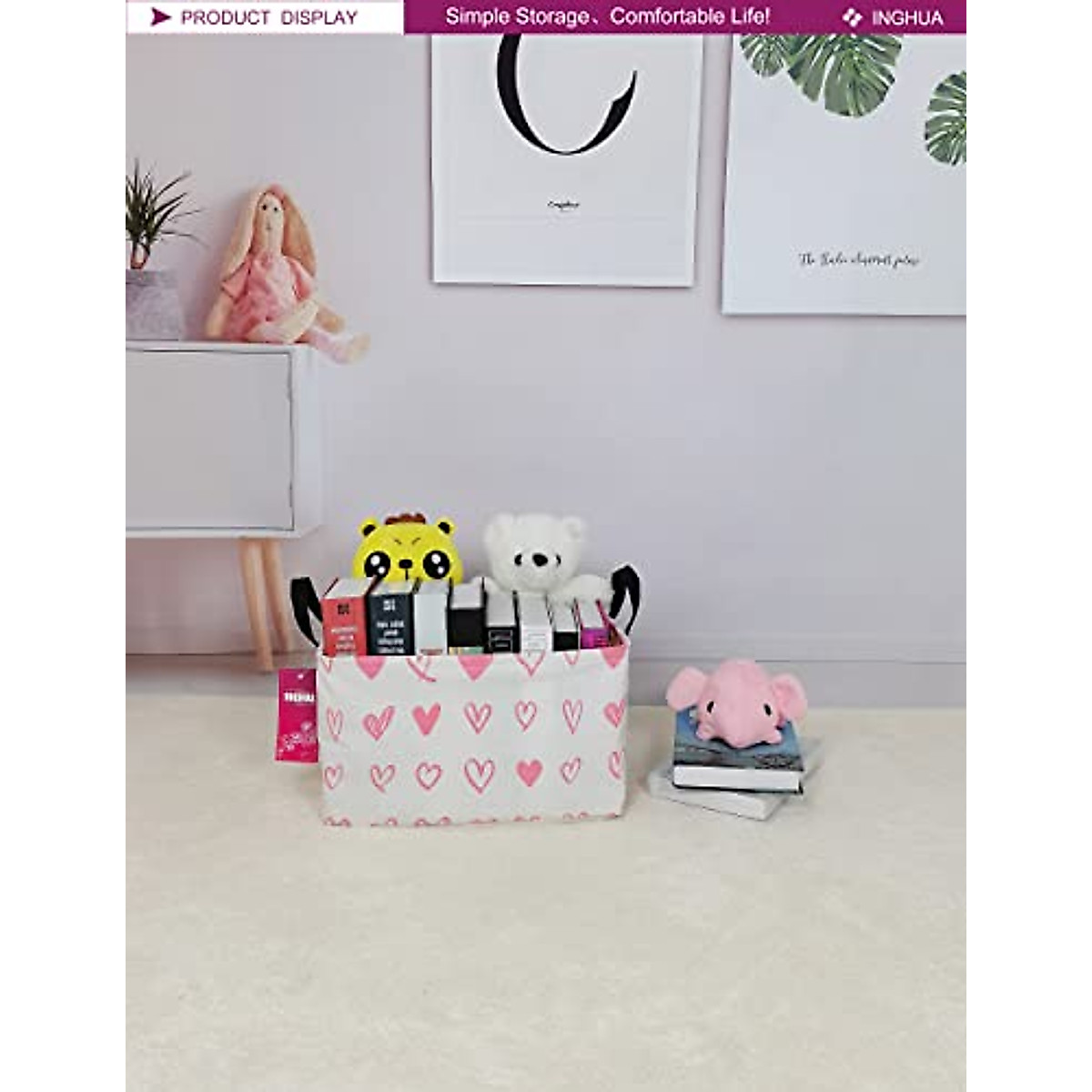 INGHUA Rectangular Storage Basket Fabric Organizer Bin for Toys,Books,Clothes,Gifts,Pets-Perfect for Home,Office,Nursery,Dorm,Shelf(Rec-Pink Hearts)