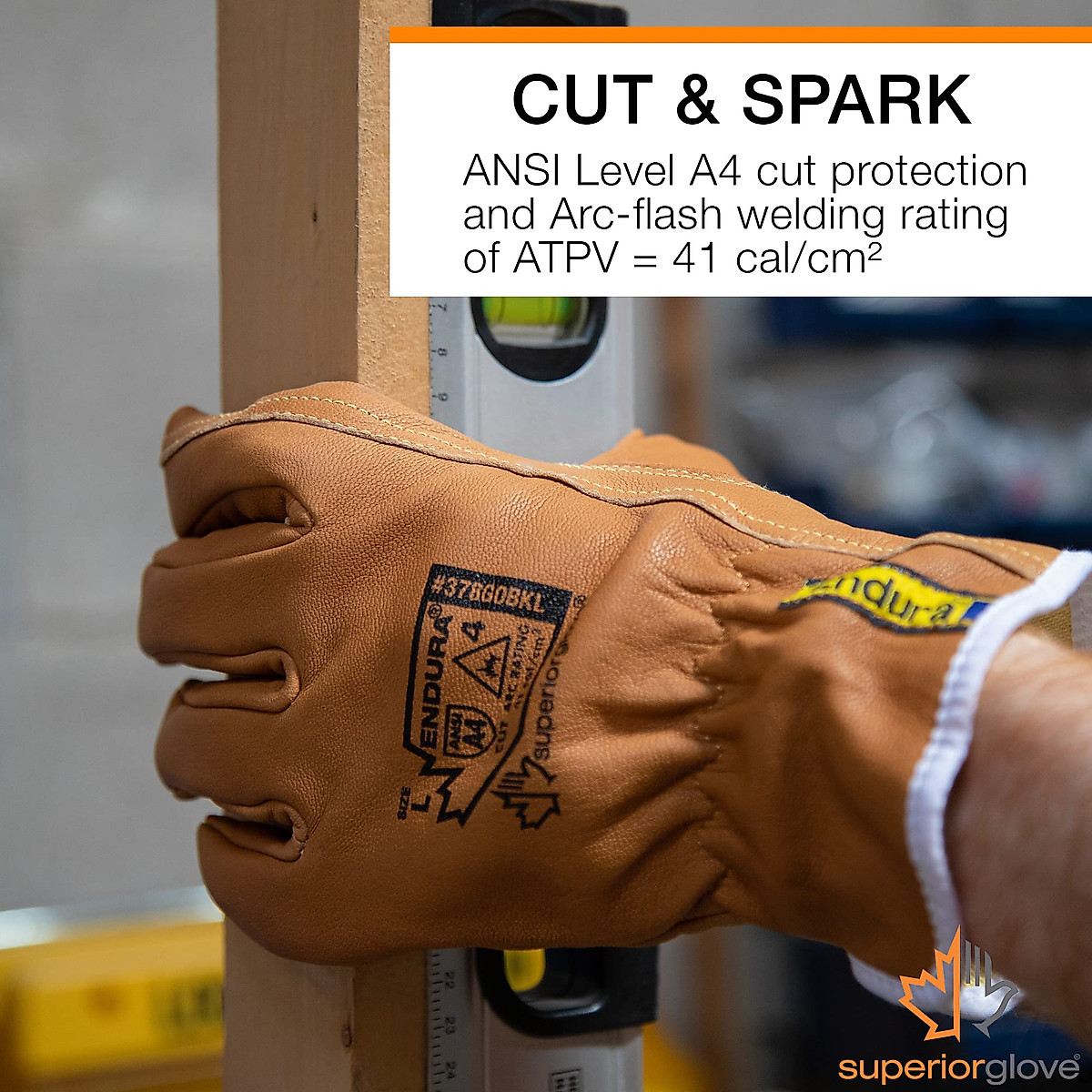Superior Glove Goat Grain Leather Work Arc Flash Gloves with ParaActiv Cut Resistant Protection - Endura Safety Gloves Water Resistant 378GOBKL (1 Pair) Size Large