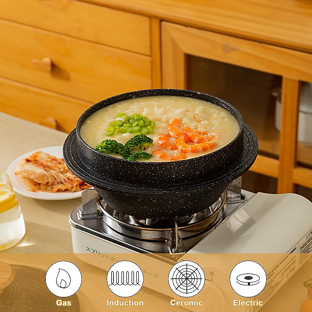 Bobikuke Cast Aluminum Pot with Lid, 7.9 in Non-Stick Casserole Dish Korean Stone Bowl Induction Compatible, Black