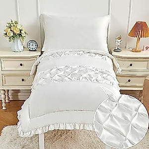 Toddler Bedding Set for Girls 4 Piece white Pinch Pleated Ruffle Fringe Pintuck Toddler Bed Comforter Sheet Set for Kids Bed-in-a-Bag Quilt Crib Set with Comforter,Flat Sheet,Fitted Sheet,Pillowcase