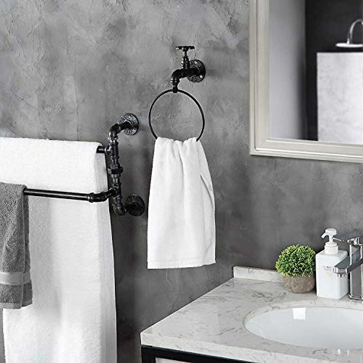 MyGift Industrial Faucet Pipe Metal Black Towel Ring, Wall Mounted Hand Towel Holder Hanging Rack
