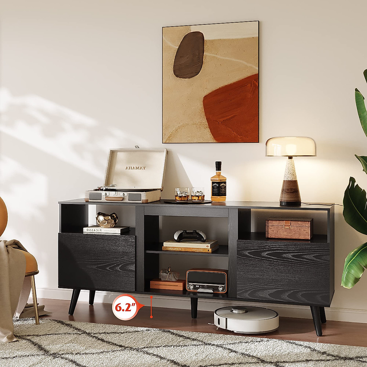 WLIVE TV Stand for 65 Inch TV, 58 inch Entertainment Center with 2 Storage Cabinets, Media Console for Living Room, Bedroom and Office, Black