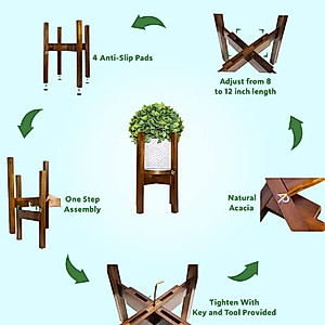A & R Acacia Wood Adjustable Plant Stand 8-12 Inch- Mid Century Modern Plant Stand with Pot Tray