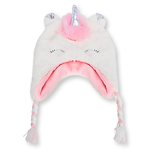 Kids Winter Hat and Kids Gloves Set for Girls & Boys Ages 4-7 Years Old + Ear Flaps Chin Strap (Pink/White Unicorn - Gloves)