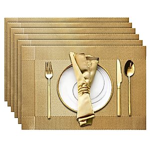 Trophable Placemats Set of 6, Table Placemats Heat Resistant Woven Placemats Washable PVC Place Mats Woven Vinyl Placemats Non-Slip Stain Resistant Kitchen Table Placemats Easy to Clean (Gold)