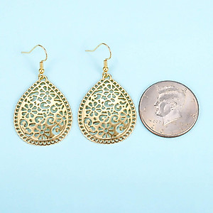 BIRSTONE Handmade Teardrop Earrings with Brushed Finished Dangle Earrings (Hollow Gold)