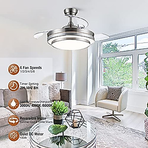 POCHFAN Retractable Ceiling Fan with Lights Remote Control, 42 Inch Modern Ceiling Fan for Bedroom Living Room in 3 Color Changeable,Timer, Noiseless DC Motor, 6 Speed, Brush Nickel, LED Ceiling Fans