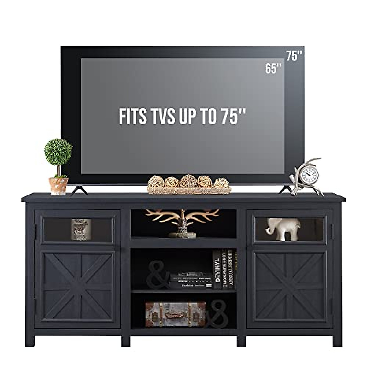 JXQTLINGMU Farmhouse TV Stand for 75 Inch TV, Entertainment Center with Storage, Modern TV Cabinet with Barn Doors, 66" Rustic TV Console for Living Room, Adjustable Shelf - Black