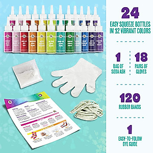 DOODLE HOG Tie Dye Kit for Kids & Adults - 24 Large Tye Dye Bottles with 12 Colors & Tie Dye Powder, Soda Ash, Gloves - Tie Dye Kits for Large Groups