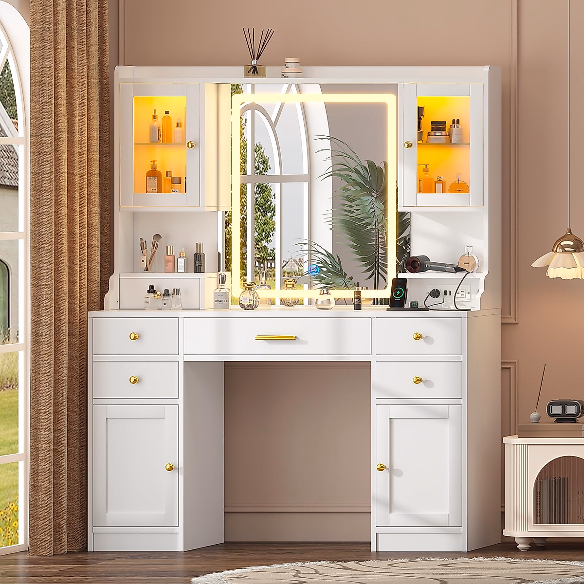 Dnxao White Vanity Desk with Mirror,Lights and Charging Station,Make up Vanity Mirror with 3 Lights Mode and Brightness Adjusted,Large Storage Space-6 Drawers,4 cabinets,2 RGB cabinets