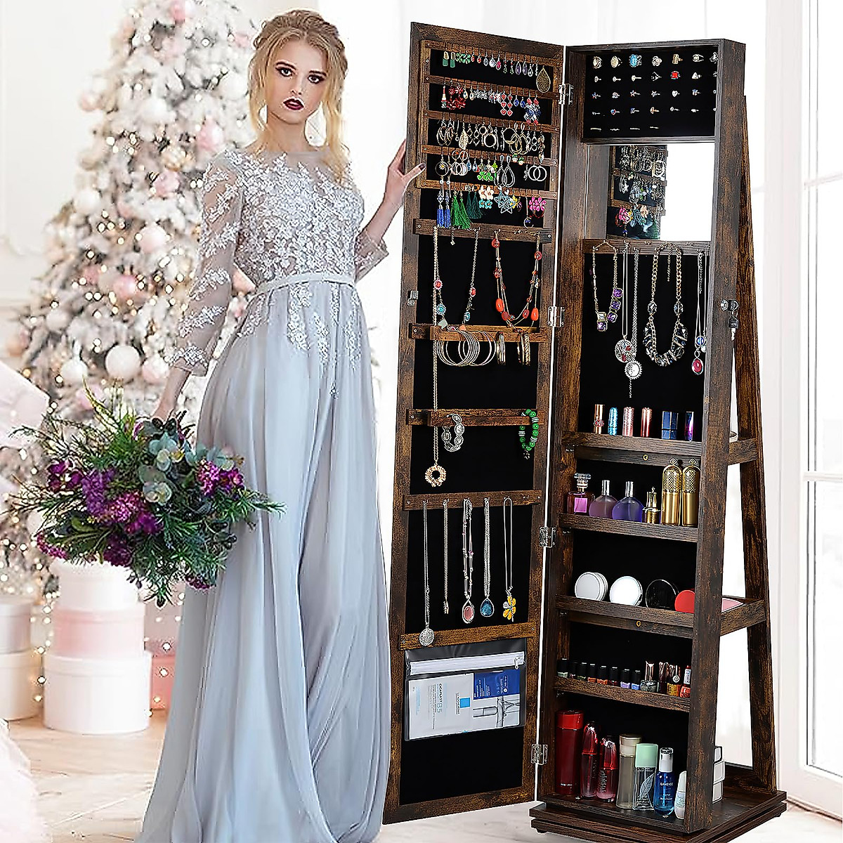 HOUAGI Mirror Jewelry Cabinet Standing,360°Rotating Jewelry Armoire Organizer with Full Length Mirror,Rear Storage Shelves,Built-in Small Mirror (Antique Gray)