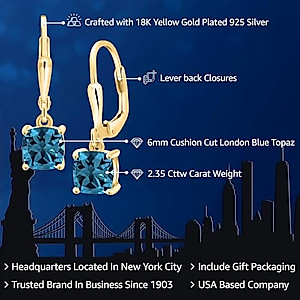 Gem Stone King 18K Yellow Gold Plated Silver London Blue Topaz Dangle Earrings For Women (2.35 Cttw, Gemstone November Birthstone, Cushion 6MM)