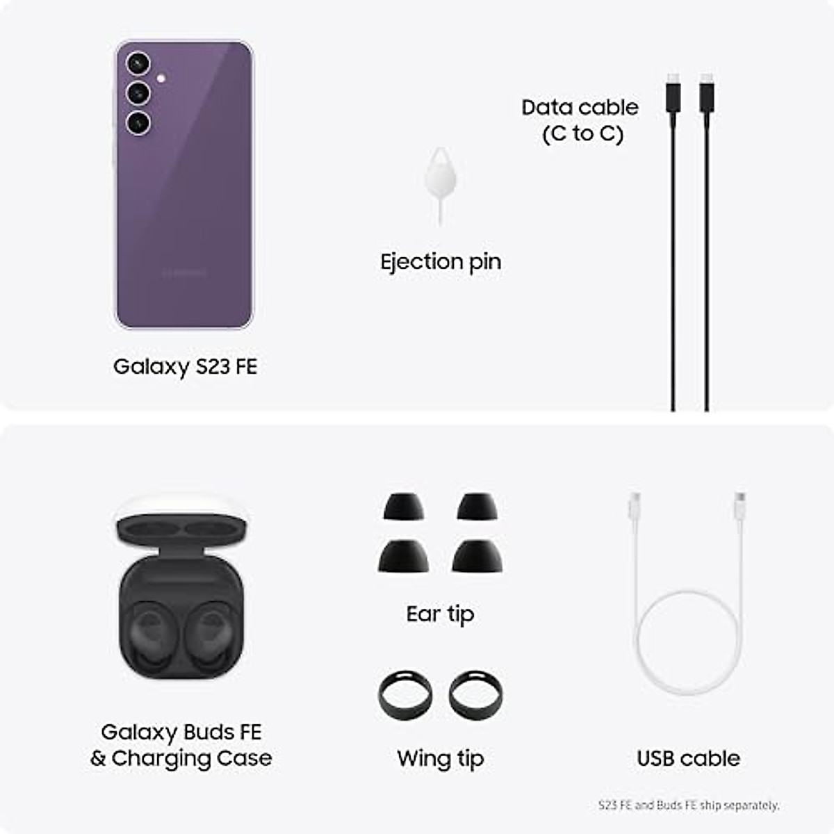 SAMSUNG Galaxy S23 FE Cell Phone (Purple) + $49.99 Buds FE (Graphite) 256GB Unlocked Android Smartphone w/ Long Battery Life and True Wireless Bluetooth Earbuds w/ Wing Tip Design, US Version, 2023