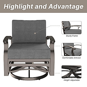 Gotland 5 Seats Outdoor Metal Patio Furniture Set with 2 Swivel Rocking Chairs&55,000 BTU Gas Fire Pit Table w/Glass Wind Guard Patio Conversation Sectional Sofa Sets-Grey