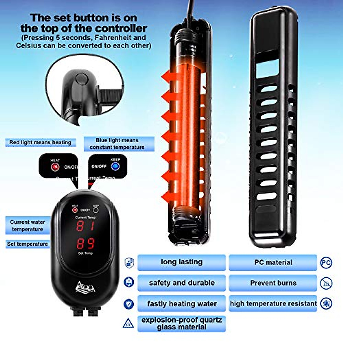 AQQA Submersible Aquarium Heater,100W/200W/300W/500W/800W/1200W Fish Tank Heater,External Temperature Controller LED Temperature Display with 2 Suction Cups Suitable for Saltwater and Freshwater