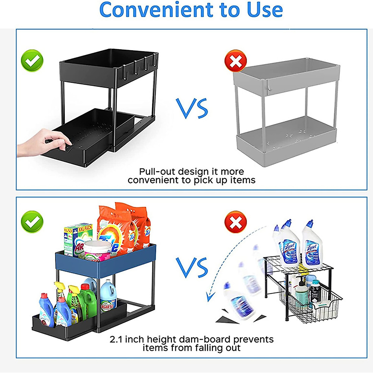 2 Pack Double Sliding Cabinet Basket Organizer Drawers 2 Tier Under Sink Organizers and Storage Bathroom Cabinet Organizer with Hooks Under Kitchen Sink Organizer for Easy Access
