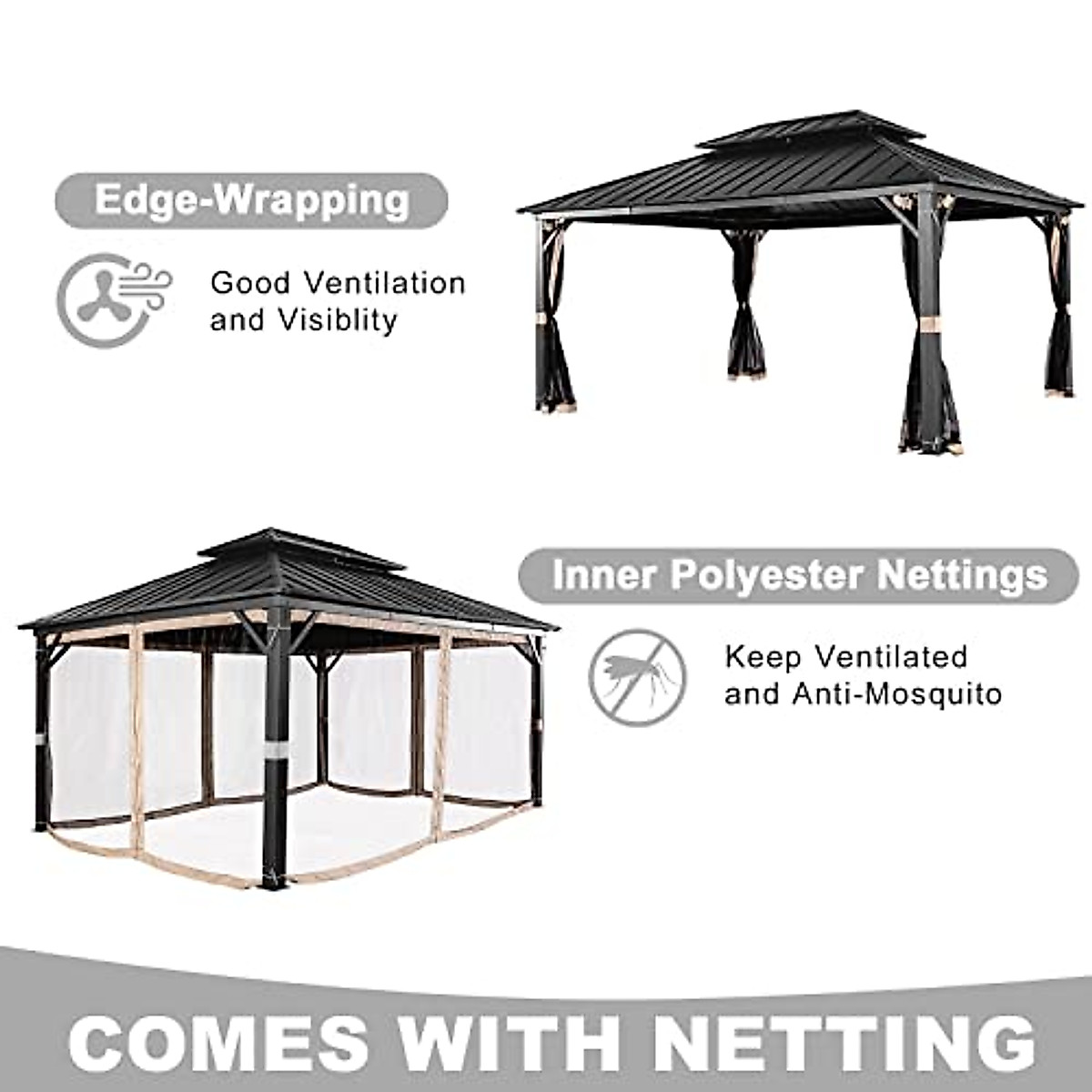 12' x 16' Gazebo, Outdoor Double Roof Canopy Hardtop Gazebo with Large Aluminum Frame, Galvanized Steel Top Gazebo with Ventilation and Mosquito Nettings, for Patio, Backyard, Deck and Lawns