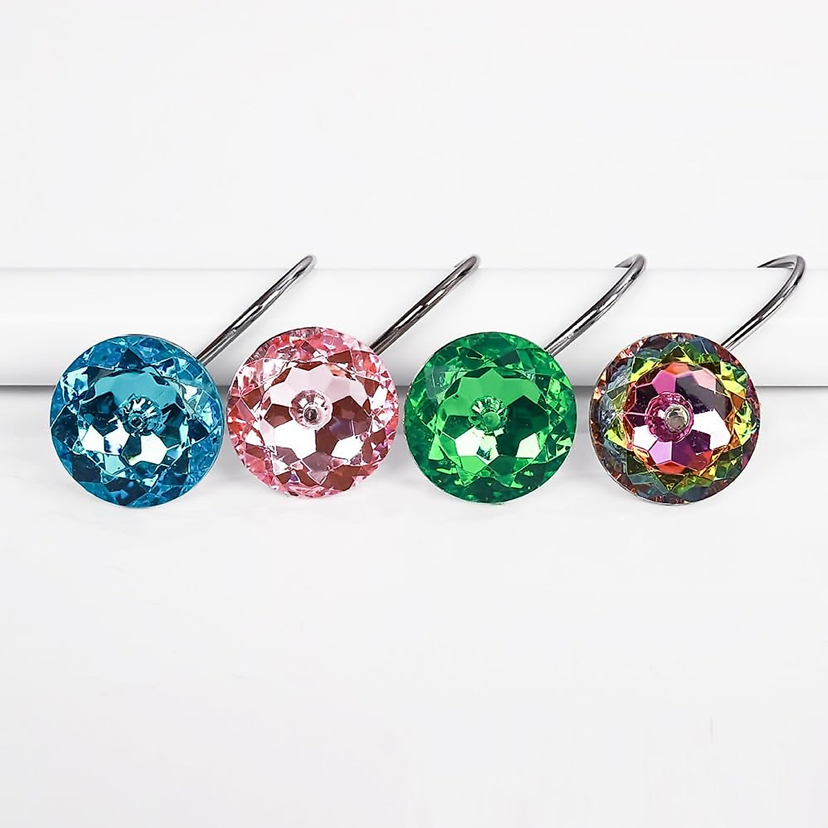 Shower Curtain Hooks,iiEASEST Acrylic Crystal Rhinestone Gem Decorative Shower Curtain Hook Cute Diamond Jewel Shower Hooks for Liner Curtain Camper Bathroom Kids Girls Women Set of 12 (Aqua Blue)
