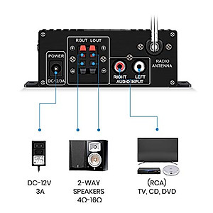 Moukey Mini amplifier home audio Bluetooth 5.0 for speakers- 50W 2 Channel Power Audio Receiver FM USB, AUX, with Remote Control, Power Supply for Car Home use, Tablets, Phones, Computers - MAMP2