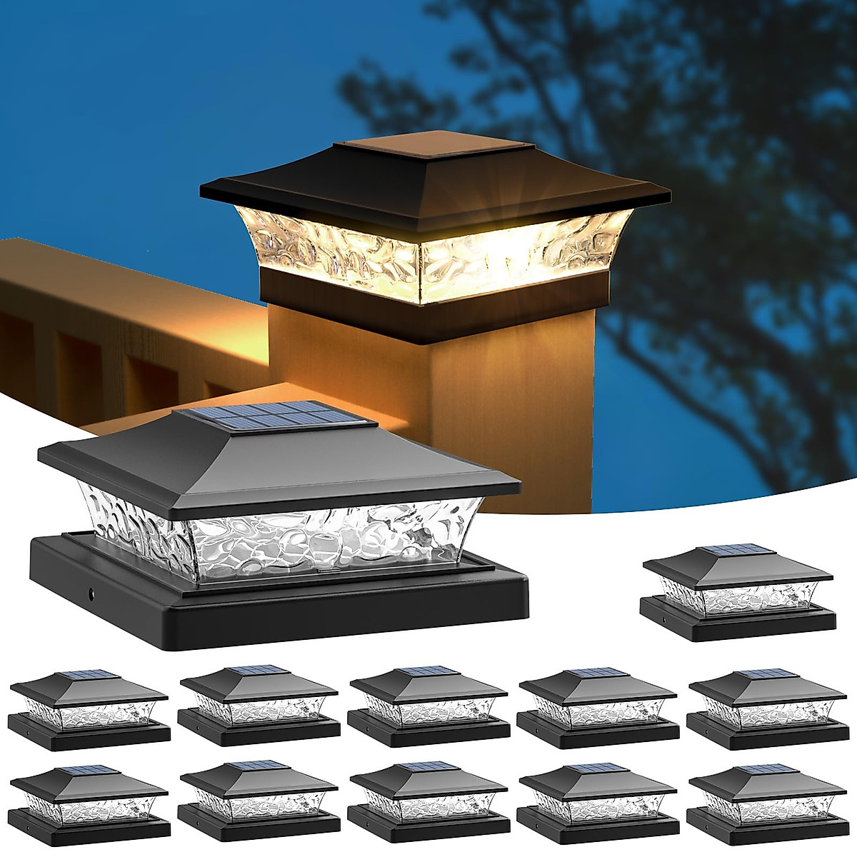 APONUO Deck Post Lights Solar Powered,6x6 Post Cap Solar Light 2 Color Mode Outdoor Waterproof for Fence Post Caps 4x4,6x6 Wood&4x4 5x5 Vinyl Deck Post Caps,Black,12 Pack