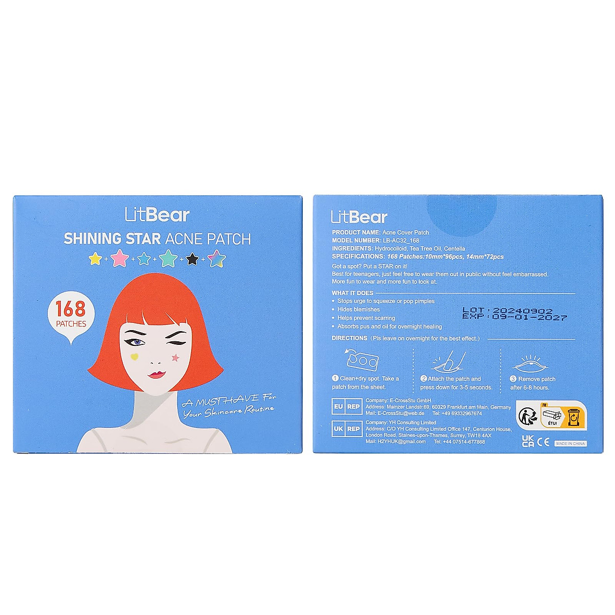 LitBear Acne Patch with Tea Tree & Centella Oil, 168 Hydrocolloid Dots in 6 Colors for Face - Cute Star Pimple Stickers