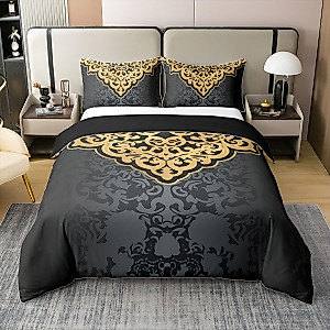 Erosebridal 100% Cotton Black Gold Bedspread Cover for Bedroom Decor,Boho Damask Bedding Set,Baroque Style Duvet Cover Queen,Western Damask Theme Quilt Cover,Vintage Style Classical Comforter Cover