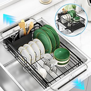 Dish Drying Rack in Sink Stainless Steel Dish Racks for Kitchen Counter Expandable Dish Drainer with Removable Utensil Holder Black