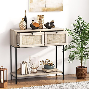 Giantex Console Table with Rattan Drawers - 31.5" Entryway Table w/ 2 Drawers & Open Storage Shelf, Metal Frame, Boho Style Long Sofa Side Table, Narrow Entry Table for Living Room Foyer Hallway
