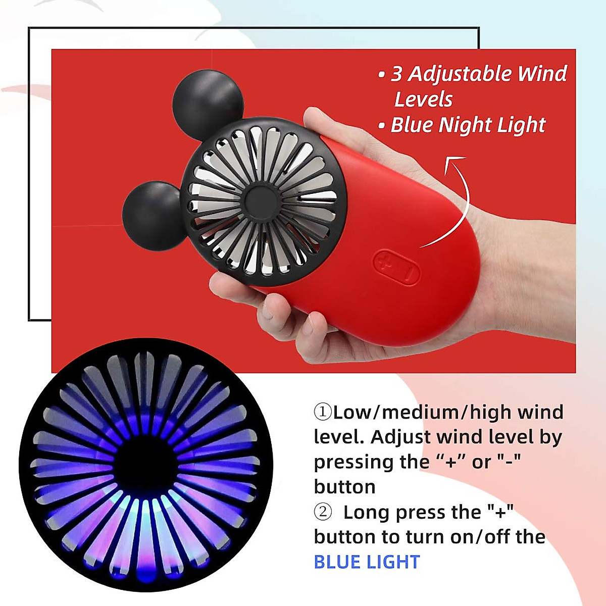 DecoLife Cute Personal Mini Fan, Handheld & Portable USB Rechargeable Fan with Beautiful LED Light, 3 Adjustable Speeds, Portable Holder, Perfect for Indoor Or Outdoor Activities, Cute Mouse