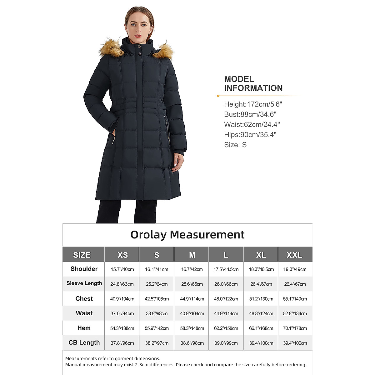 Orolay Women's Puffer Down Coat Winter Warm Jacket with Faux Fur Trim Hood Black X-Large