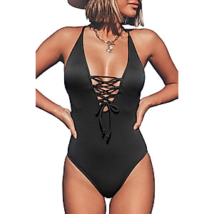 CUPSHE Women's One Piece Swimsuit Backless Tie V Neck Bathing Suit, S Black